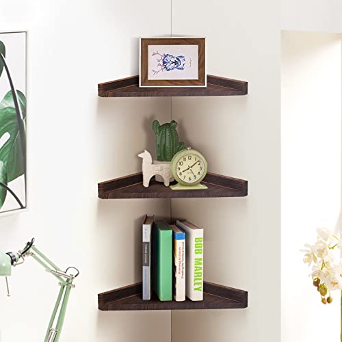 Wood Corner Floating Shelves Wall-Mounted - Set of 3 Corner Shelves with Hooks, Rustic Wall Storage Display Shelf for Bathroom, Floating Shelves for Bedroom, Kitchen, Office, Brown