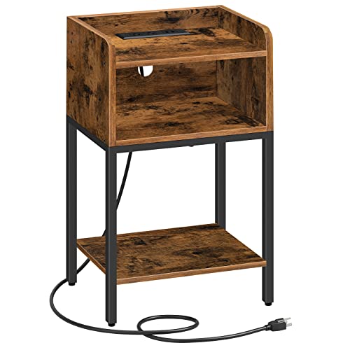 HOOBRO Nightstand with Charging Station, End Table with Open Drawer, Side Table with USB Ports and Outlets, for Small Spaces, Bedroom, Rustic Brown BF381BZ01