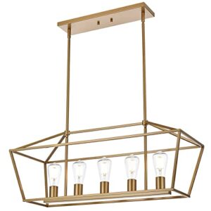 vinluz 5 light modern kitchen island light in gold finish,industrial hanging pendant lighting fixture with metal frame linear lantern chandelier for dining room foyer cafe bar