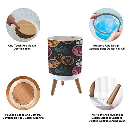 SHL96PZGX Small Trash Can with Lid Compass and Mountains in Bicycle Wheels Seamless Packing Old Waste Bin with Wood Legs Press Cover Wastebasket Round Garbage Bin for Kitchen Bathroom Bedroom Office