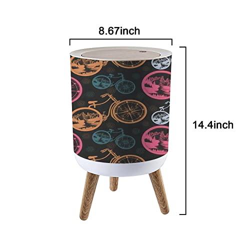 SHL96PZGX Small Trash Can with Lid Compass and Mountains in Bicycle Wheels Seamless Packing Old Waste Bin with Wood Legs Press Cover Wastebasket Round Garbage Bin for Kitchen Bathroom Bedroom Office