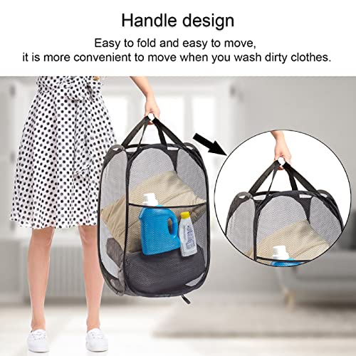 Jeewool Mesh Clothes Hamper,2 Pcs Pop-up Laundry Basket with Side Pocket , Thick and Reinforced Handles High Carbon Steel Frame,Collapsible to Storage Easy Open, for Dorm, Bedroom or Travel (black)