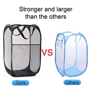 Jeewool Mesh Clothes Hamper,2 Pcs Pop-up Laundry Basket with Side Pocket , Thick and Reinforced Handles High Carbon Steel Frame,Collapsible to Storage Easy Open, for Dorm, Bedroom or Travel (black)