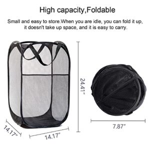 Jeewool Mesh Clothes Hamper,2 Pcs Pop-up Laundry Basket with Side Pocket , Thick and Reinforced Handles High Carbon Steel Frame,Collapsible to Storage Easy Open, for Dorm, Bedroom or Travel (black)