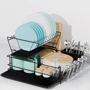 buruis 2 tier dish drying rack with 2 drainboard, small dish rack with cutting board cutlery holder, cup rack, compact metal dish drainer tray for kitchen counter cabinet (black)