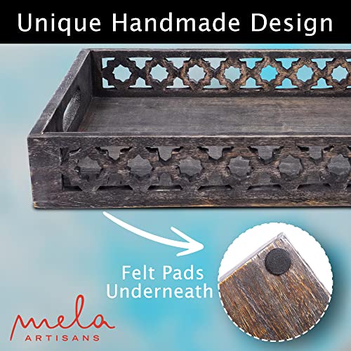 Mela Artisans Farmhouse & TV Ottoman Wooden Serving Tray - Large, Trellis Blackwash | Decorative Mango Wood | Serve Breakfast, Other Foods, Coffee and Tea | Rustic Home Decor | 20" x 14” x 2.5”