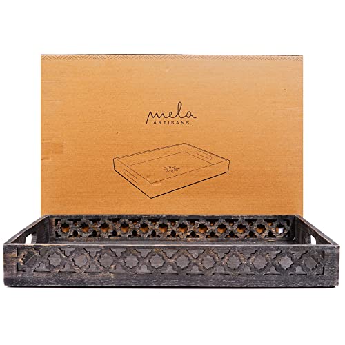 Mela Artisans Farmhouse & TV Ottoman Wooden Serving Tray - Large, Trellis Blackwash | Decorative Mango Wood | Serve Breakfast, Other Foods, Coffee and Tea | Rustic Home Decor | 20" x 14” x 2.5”