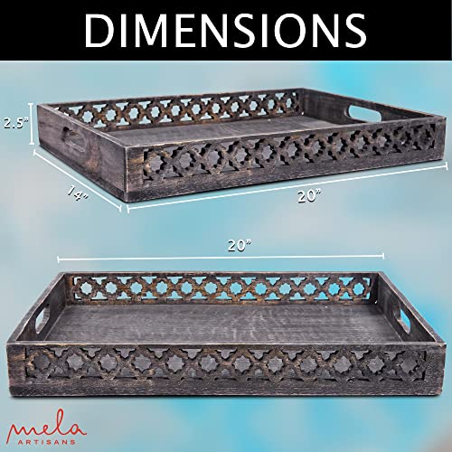 Mela Artisans Farmhouse & TV Ottoman Wooden Serving Tray - Large, Trellis Blackwash | Decorative Mango Wood | Serve Breakfast, Other Foods, Coffee and Tea | Rustic Home Decor | 20" x 14” x 2.5”