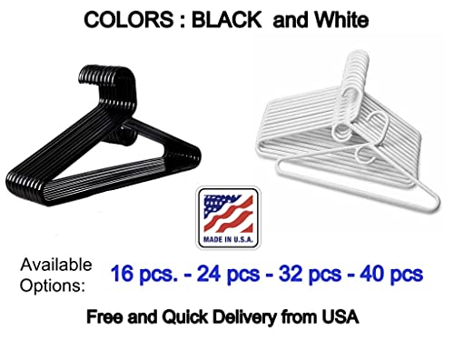 Plastic Hangers HD Heavy Duty, 32 Pcs. Black Color, Made in USA, 3/8” Thickness, Durable, Tubular, Lightweight, for Clothes, Coat, Pants, Shirts, Dress, TINEFF, Free and Quick delivery from USA