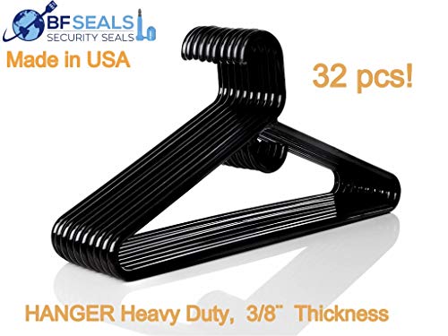 Plastic Hangers HD Heavy Duty, 32 Pcs. Black Color, Made in USA, 3/8” Thickness, Durable, Tubular, Lightweight, for Clothes, Coat, Pants, Shirts, Dress, TINEFF, Free and Quick delivery from USA