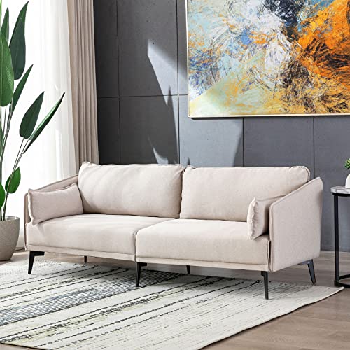 COSVALVE Beige 3 Seater Sofa Couch, Modern Fabric Upholstered Sofa with Two Cushions, 74 inch Sofa Furniture for Living Room Office Bedroom Apartment, Metal Leg Three People Seat