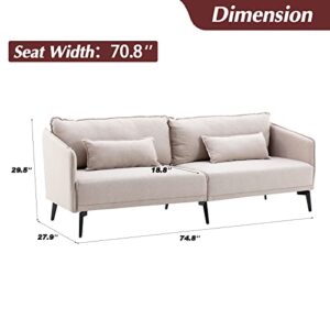 COSVALVE Beige 3 Seater Sofa Couch, Modern Fabric Upholstered Sofa with Two Cushions, 74 inch Sofa Furniture for Living Room Office Bedroom Apartment, Metal Leg Three People Seat