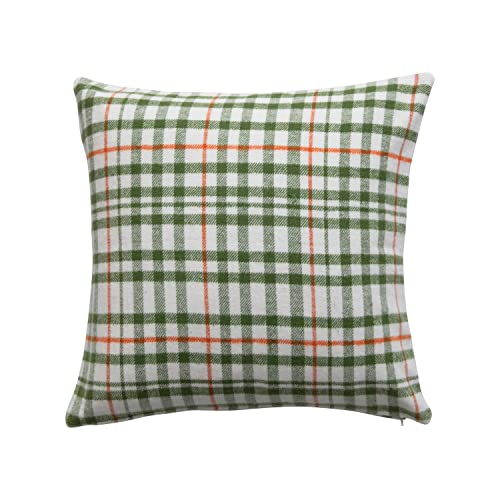 Creative Co-Op Square Cotton Flannel Pillow, Green, White and Sienna