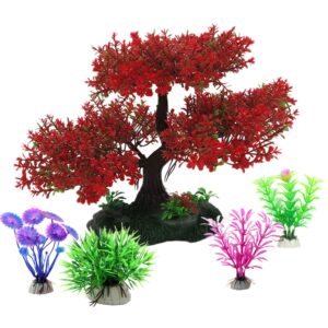 alfyng aquarium artificial plastic large plants decorations, 5pcs cherry blossom tree & grass aquarium decor, goldfish tank decorations set, fish tank hides simulation tree decoration kit (red)