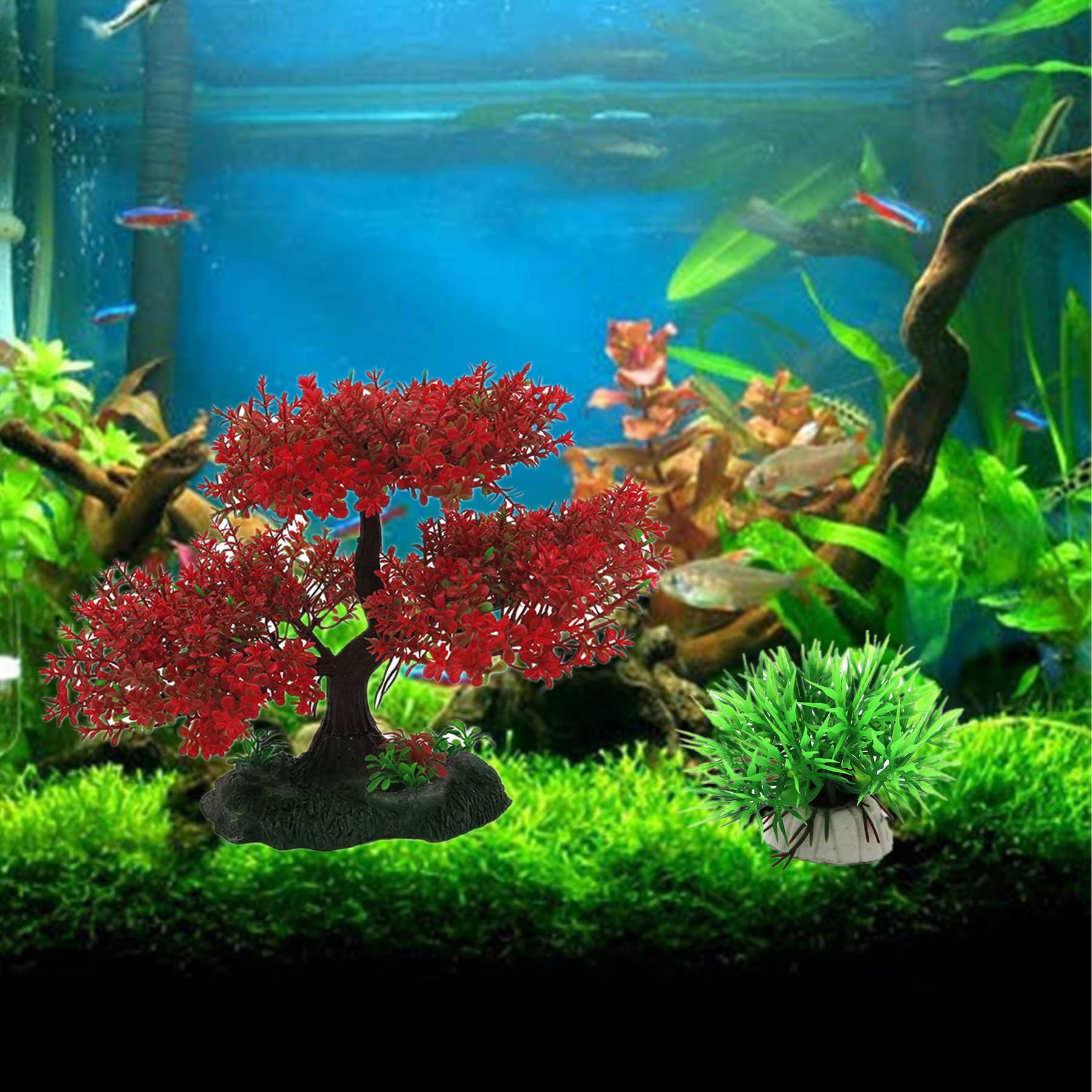 alfyng Aquarium Artificial Plastic Large Plants Decorations, 5pcs Cherry Blossom Tree & Grass Aquarium Decor, Goldfish Tank Decorations Set, Fish Tank Hides Simulation Tree Decoration Kit (Red)