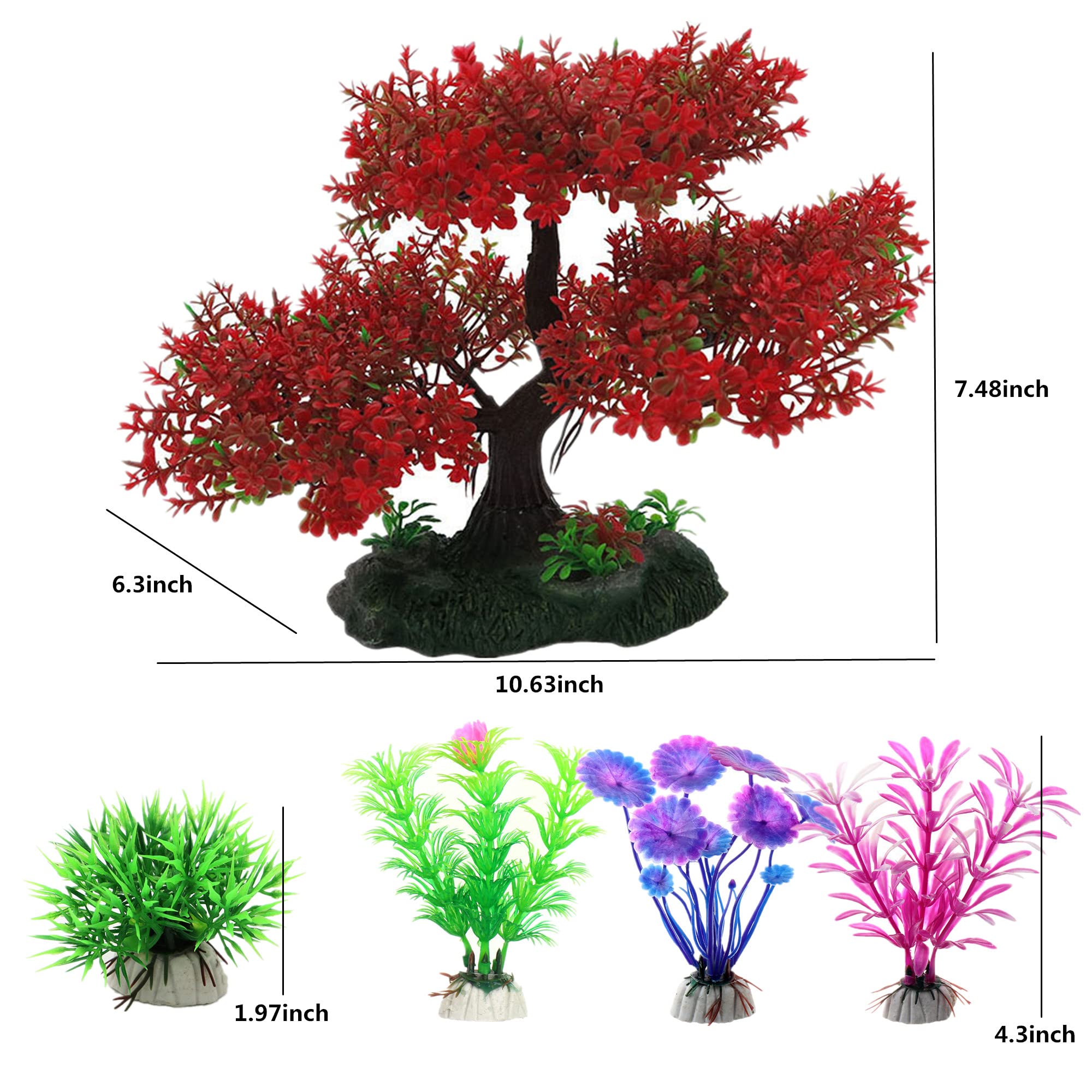 alfyng Aquarium Artificial Plastic Large Plants Decorations, 5pcs Cherry Blossom Tree & Grass Aquarium Decor, Goldfish Tank Decorations Set, Fish Tank Hides Simulation Tree Decoration Kit (Red)