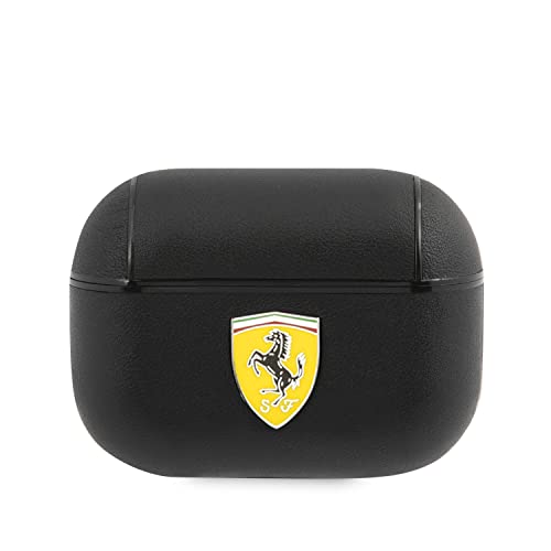 Ferrari AirPods Case Cover in Black, Compatible with Apple AirPods Pro, PU Leather Protective Hard Case, Shockproof, Wireless Charging, and Signature Metal Logo