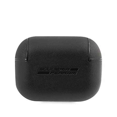 Ferrari AirPods Case Cover in Black, Compatible with Apple AirPods Pro, PU Leather Protective Hard Case, Shockproof, Wireless Charging, and Signature Metal Logo