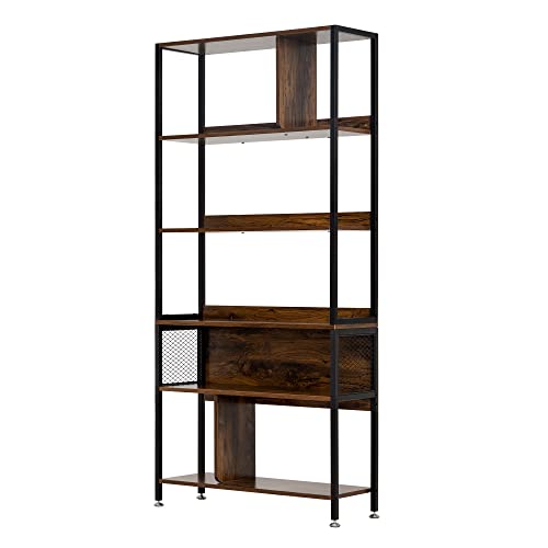 LAVIEVERT 5 Tier Farmhouse Bookshelf, Rustic Wood and Metal Free Standing Bookcase, Industrial Vintage Display Shelf Unit for Living Room, Bedroom and Home Office - Brown