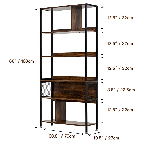 LAVIEVERT 5 Tier Farmhouse Bookshelf, Rustic Wood and Metal Free Standing Bookcase, Industrial Vintage Display Shelf Unit for Living Room, Bedroom and Home Office - Brown