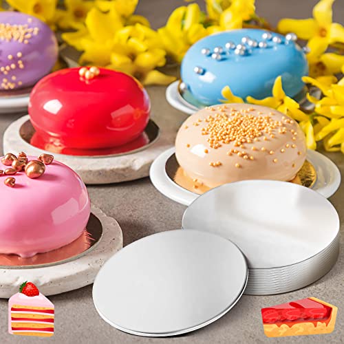 Cake Boards Round 4 Inch Mini Cake Circle Base Boards Disposable Cardboard Cake Plate Round Coated Cakeboard for Kitchen Baking Caking Pizza Dessert Cupcake Tray (Silver,50 Pieces)