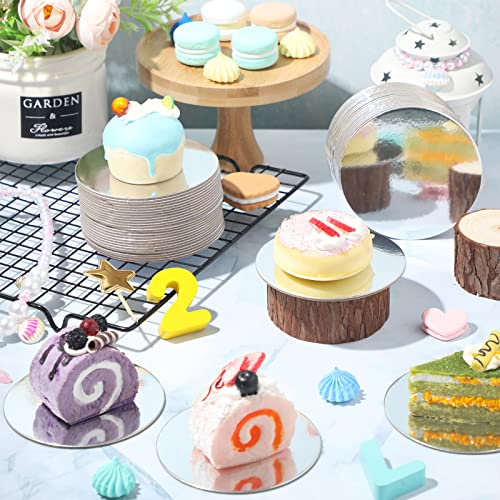 Cake Boards Round 4 Inch Mini Cake Circle Base Boards Disposable Cardboard Cake Plate Round Coated Cakeboard for Kitchen Baking Caking Pizza Dessert Cupcake Tray (Silver,50 Pieces)