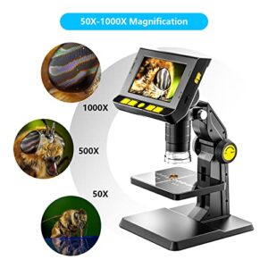 Zealtron Digital Microscope with 4.3'' LCD Screen 1000X, Electronic Microscope 1080P Video Camera with 8 LED Lights, Soldering Coins Microscope for Adults Kids