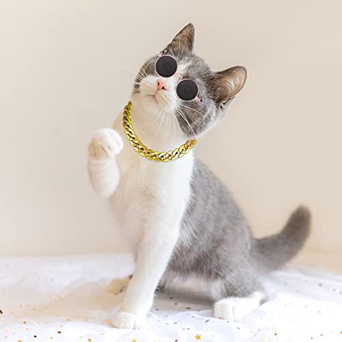 Molain Cat Sunglasses Gold Chain Costume Decorations- Cat UV Protection Classic Retro Puppy Retro Black Sunglasses Faux Gold Adjustable Chain Cosplay Costume Cool Funny Photo Props