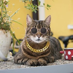 Molain Cat Sunglasses Gold Chain Costume Decorations- Cat UV Protection Classic Retro Puppy Retro Black Sunglasses Faux Gold Adjustable Chain Cosplay Costume Cool Funny Photo Props