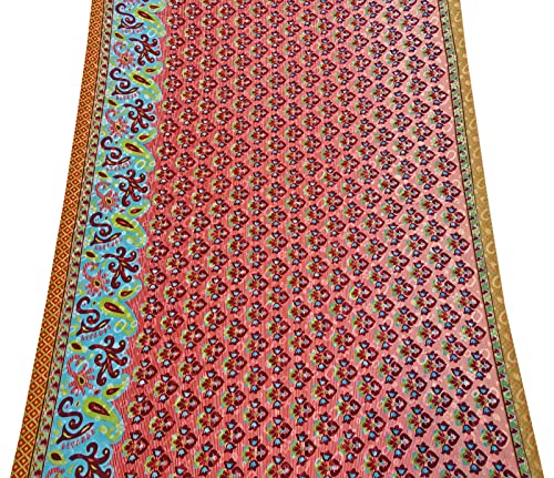 Peegli Women's Vintage Red Floral Saree Indian Crepe Silk Sari 5 Yards DIY Fabric