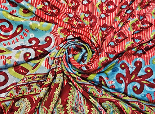 Peegli Women's Vintage Red Floral Saree Indian Crepe Silk Sari 5 Yards DIY Fabric