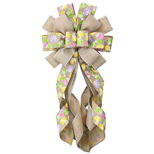 Large Easter Wreath Bows for Front Door, Flaxen Burlap Ribbon Bow Easter Bunny Bows Holiday Spring Bow Tree Topper Bows for Easter Party Decorations Supplies