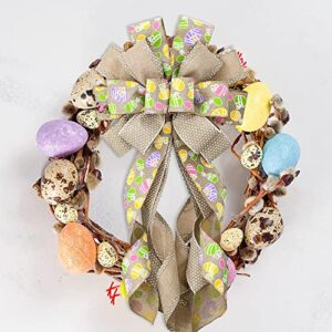 Large Easter Wreath Bows for Front Door, Flaxen Burlap Ribbon Bow Easter Bunny Bows Holiday Spring Bow Tree Topper Bows for Easter Party Decorations Supplies