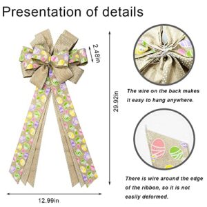 Large Easter Wreath Bows for Front Door, Flaxen Burlap Ribbon Bow Easter Bunny Bows Holiday Spring Bow Tree Topper Bows for Easter Party Decorations Supplies