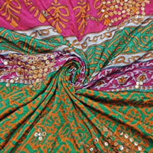 Peegli Women's Vintage Orange Floral Saree Indian Fabric DIY Crepe Silk 5 Yards Sari