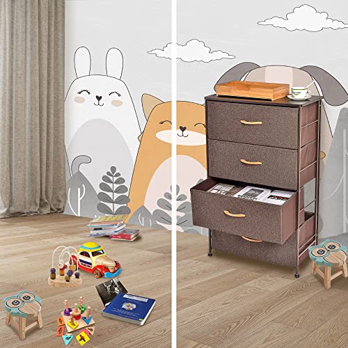 DHMAKER Fabric Dresser for Bedroom, Vertical Dresser Storage Tower, Steel Frame, Wood Top, Easy Pull Textured Fabric Bins, Organizer Unit for Bedroom, Hallway, Entryway, Closets, 4 Drawers, Coffee