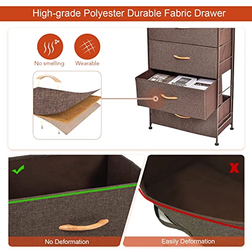 DHMAKER Fabric Dresser for Bedroom, Vertical Dresser Storage Tower, Steel Frame, Wood Top, Easy Pull Textured Fabric Bins, Organizer Unit for Bedroom, Hallway, Entryway, Closets, 4 Drawers, Coffee