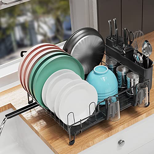 BETHEBEST Small Dish Drying Rack, Black Dish Drying Rack with Drain Tray, Swivel Spout, Cutlery Holder for Kitchen Counter Cabinet(Black)