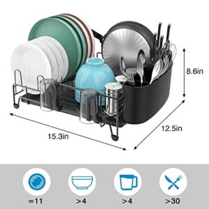 BETHEBEST Small Dish Drying Rack, Black Dish Drying Rack with Drain Tray, Swivel Spout, Cutlery Holder for Kitchen Counter Cabinet(Black)