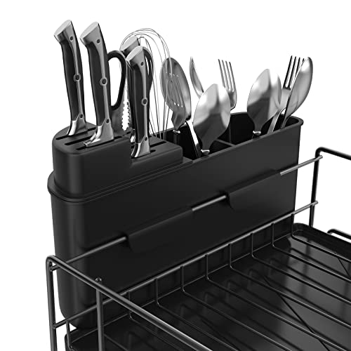 BETHEBEST Small Dish Drying Rack, Black Dish Drying Rack with Drain Tray, Swivel Spout, Cutlery Holder for Kitchen Counter Cabinet(Black)