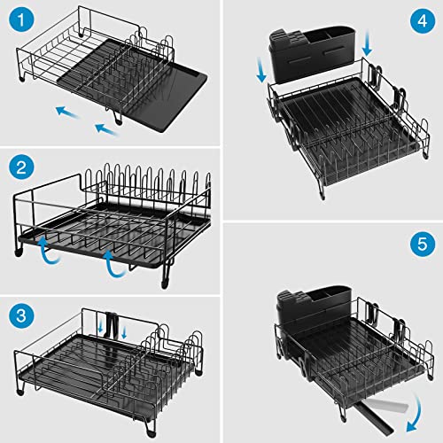 BETHEBEST Small Dish Drying Rack, Black Dish Drying Rack with Drain Tray, Swivel Spout, Cutlery Holder for Kitchen Counter Cabinet(Black)