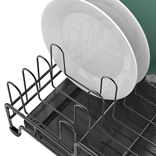 BETHEBEST Small Dish Drying Rack, Black Dish Drying Rack with Drain Tray, Swivel Spout, Cutlery Holder for Kitchen Counter Cabinet(Black)