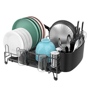 BETHEBEST Small Dish Drying Rack, Black Dish Drying Rack with Drain Tray, Swivel Spout, Cutlery Holder for Kitchen Counter Cabinet(Black)