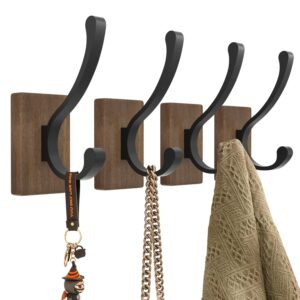 bussdis wood wall hooks for hanging - 4 pack hooks wall mounted, wooden rustic farmhouse heavy duty towel hooks, hooks for coats, towel, hat, keys, purse, bag and robe