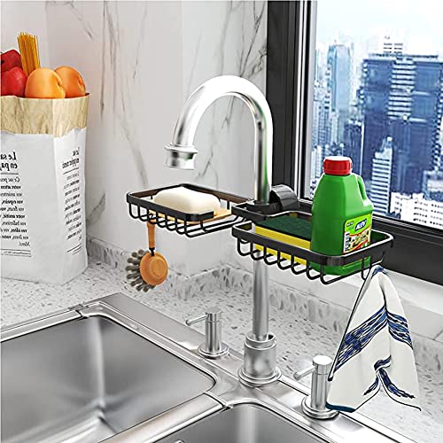 Hangningo Faucet Sponge Holder Soap Dishcloth Brush Sink Caddy Drain Rack Aluminum Organizer for Kitchen Bathroom with Hook, Matte Black