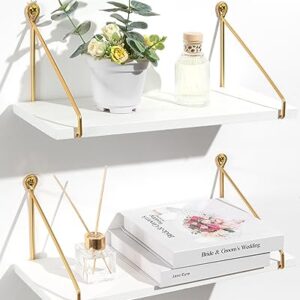 SUMGAR White Floating Shelves 16 Inch Gold Wall Mounted Floating Shelf for Bathroom Bedroom Kitchen Office Set of 2 Modern Wood Haing Shelf for Plant Book Storage and Display