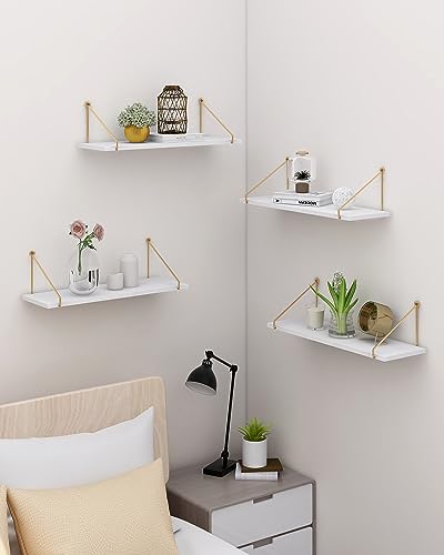 SUMGAR White Floating Shelves 16 Inch Gold Wall Mounted Floating Shelf for Bathroom Bedroom Kitchen Office Set of 2 Modern Wood Haing Shelf for Plant Book Storage and Display