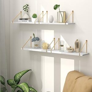 SUMGAR White Floating Shelves 16 Inch Gold Wall Mounted Floating Shelf for Bathroom Bedroom Kitchen Office Set of 2 Modern Wood Haing Shelf for Plant Book Storage and Display