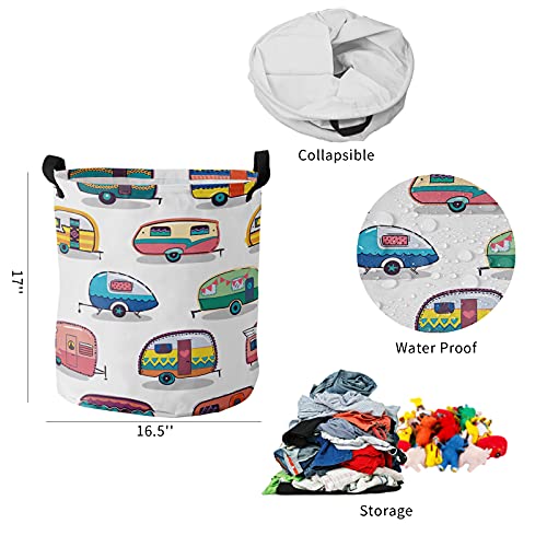 Laundry Basket Summer Camping Rv Cartoon Car,Waterproof 60L Collapsible Clothes Hamper Colorful Truck on White,Large Storage Bag for Bedroom Bathroom