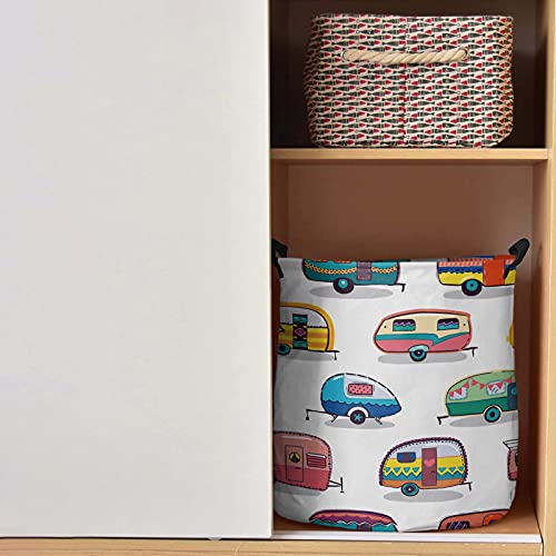 Laundry Basket Summer Camping Rv Cartoon Car,Waterproof 60L Collapsible Clothes Hamper Colorful Truck on White,Large Storage Bag for Bedroom Bathroom